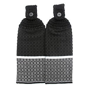 BLACK & GREY WAFFLE TERRY CLOTH TOWELS - 2 CROCHET TOP HANGING KITCHEN TOWELS
