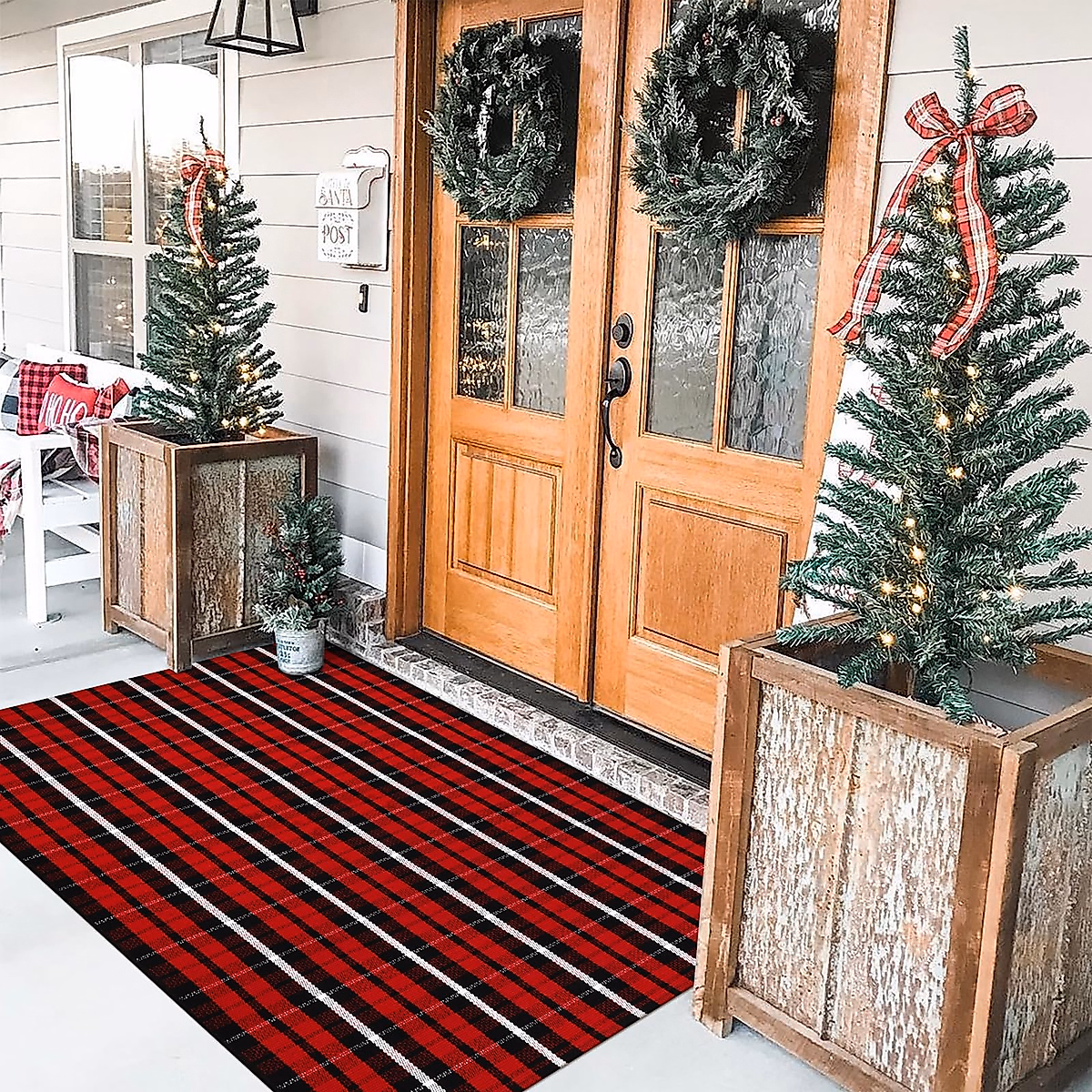 KIMODE Christmas Door Mat Outdoor 35"x59",Red and Black Buffalo Plaid Rug,Washable Cotton Hand-Woven Layered Door Mats,Reversible Outdoor Christmas Decor for Front Porch,Entryway,Kitchen