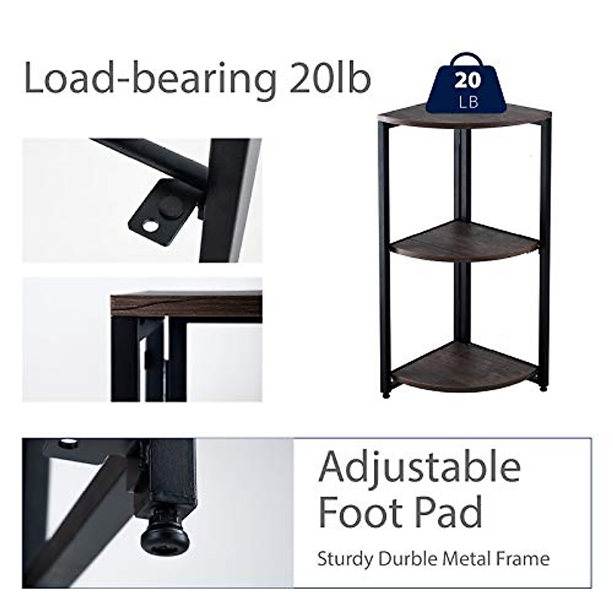 XRESLUCO Corner Shelf, 3-Tier Corner Bookshelf, 12 x 12 x 28.5 Inches Corner Shelf Stand for Living Room, Bedroom and Home Office, Easy to Assemble, Rustic Brown