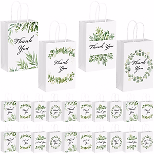 24 Pcs Eucalyptus Thank You Bags Kraft Thank You Gift Bags with Handles Wedding Favor Bags Bridal Baby Shower Bag Thank You Paper Bags for Birthday Party Boutique Business Shopping, 5.9 x 3.1 x 8.3''