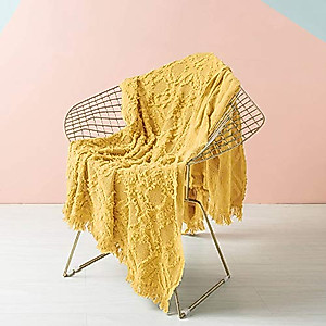Simple&Opulence 100% Cotton Throw Blanket for Bed, Couch, Boho Textured Geometric Knit Woven Blanket with Tassels Soft, Lightweight Breathable Shabby Chic Farmhouse Decoration for All-Season(Yellow)