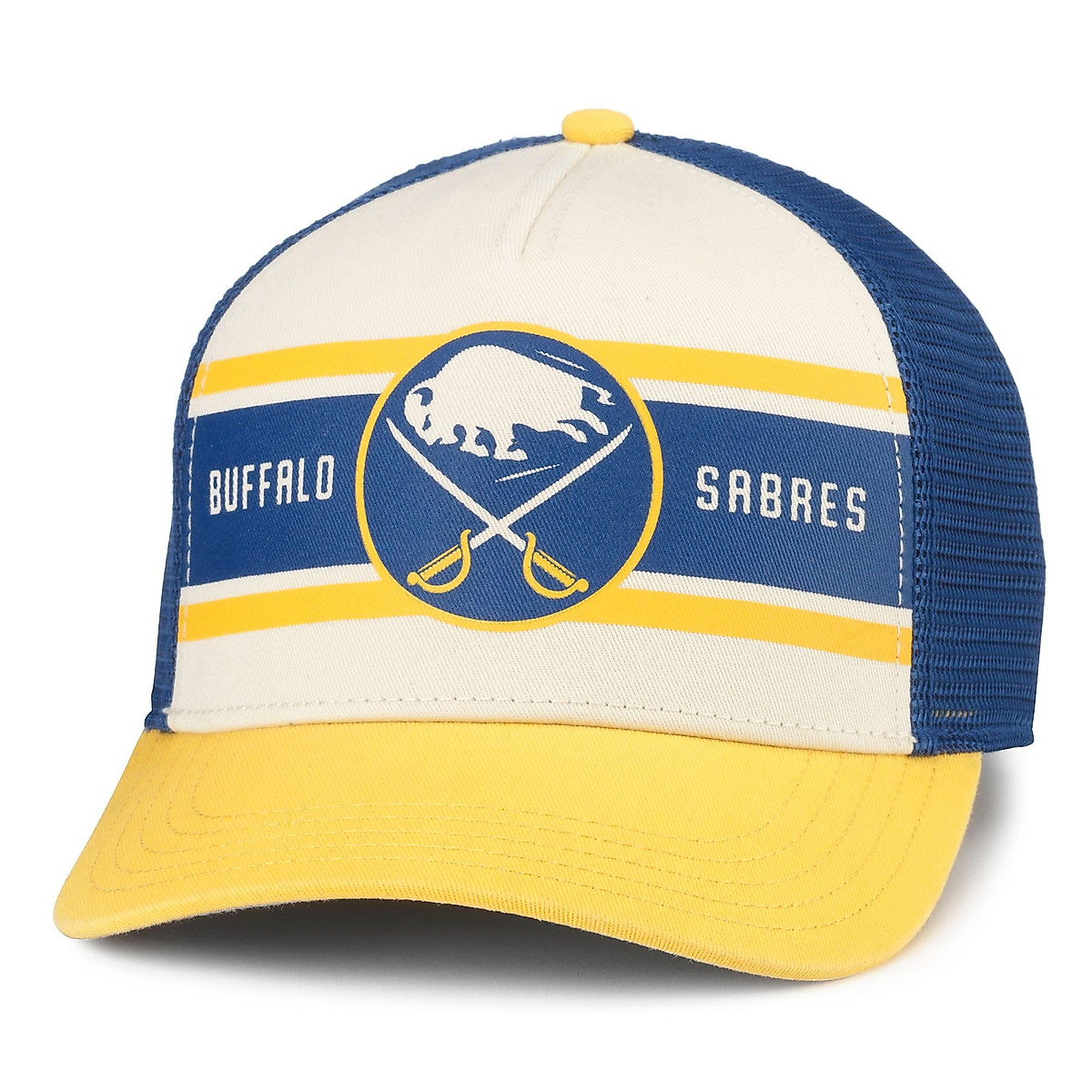AMERICAN NEEDLE Buffalo Sabres NHL Sinclair Adjutable Snapback Baseball Hat, Royal/Ivory/Gold (21001A-BUS-RYIVGD)