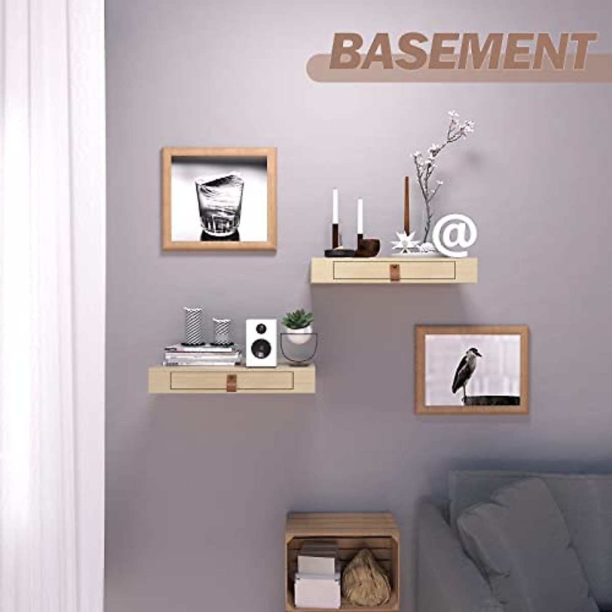 Floating Shelf with Drawer, Floating Nightstand for Bedroom - 16” Wall Mounted Shelf Storage for Living Room, Bedroom, Office Floating Bedside Table (Natural)