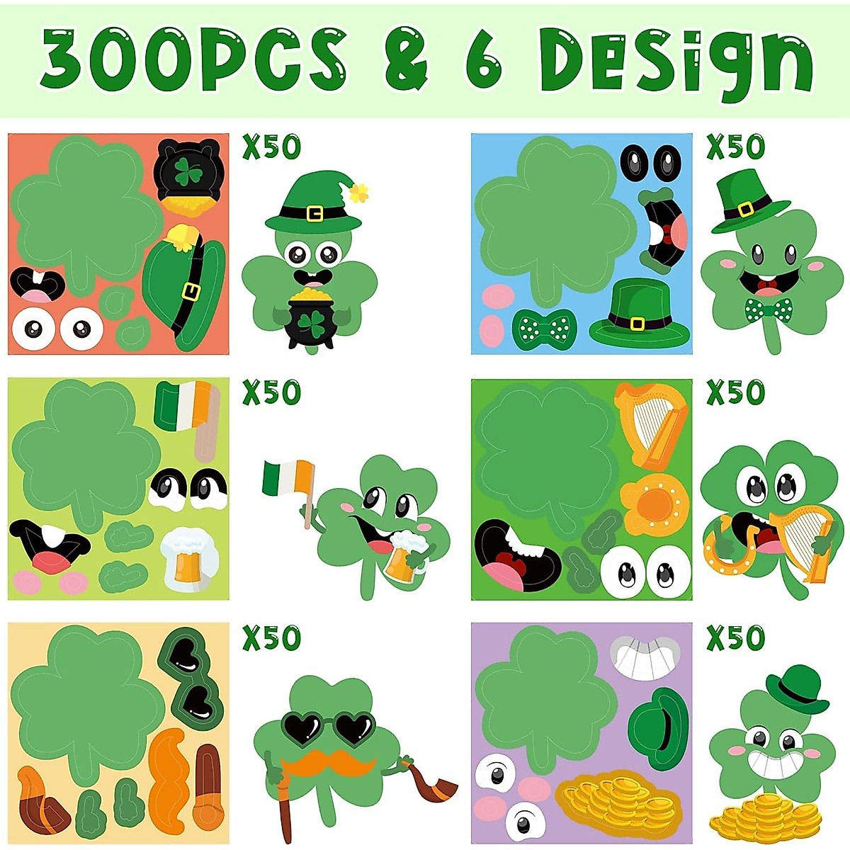 Haooryx 300PCS St Patrick’s Day Sticker Scene Roll Make Your Own Irish Shamrock Face Stickers DIY Lucky Clover Self Adhesive Sticker Art Craft for Kids Sticker Game St Patrick Party Favor Gift Supply