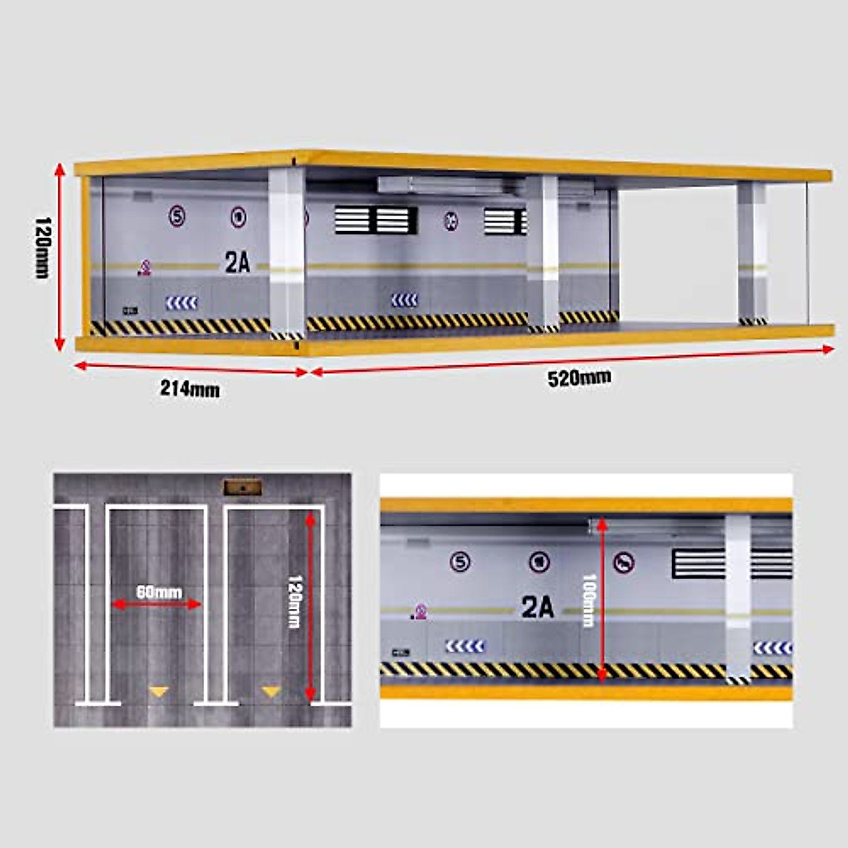 Giorkecl 1/32 Model Car Display Case，Model Car Parking Lot Garage，Display Case for Diecast Cars，6 Parking Space Acrylic Toy Garage with LED Light