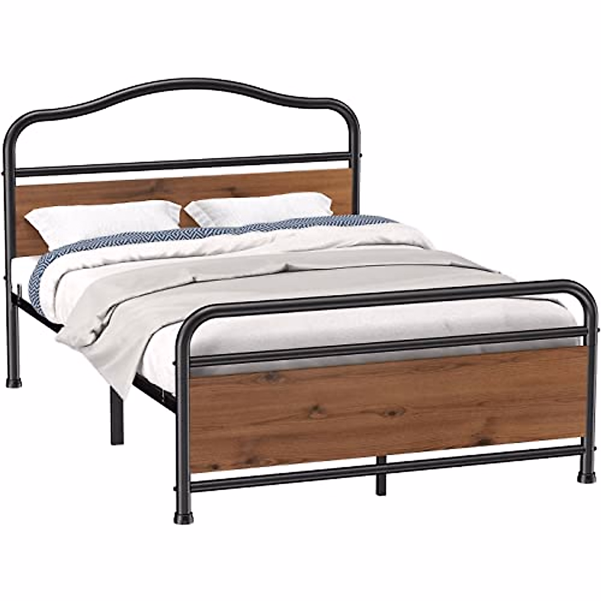 Totnz Queen Size Metal Platform Bed Frame Mattress Foundation with Sturdy Wood Headboard and Footboard No Box Spring Needed Under Bed Storage Steel Slats,Black