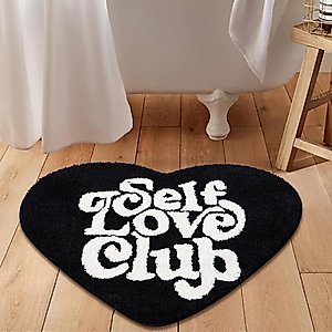 Aldopein Cute Black White Bath Mat for Bathroom Floor Bedroom Aesthetic, Boho Funky Fun Cool Bathroom Rugs Mat Non Slip Washable, Self Love Club Plush Heart Shaped Indoor Small Area Rugs, 24’’x32’’