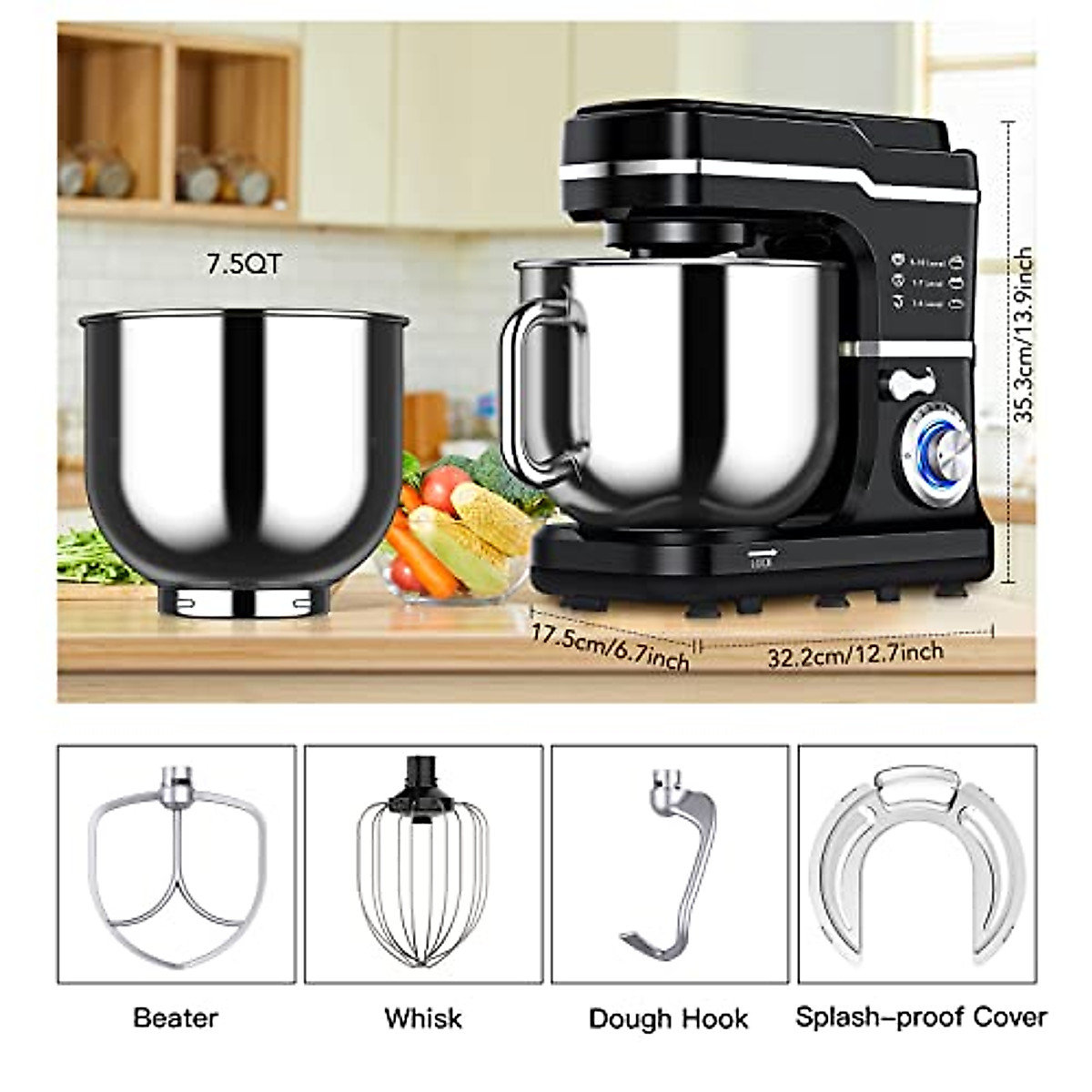 FlexWill Stand Mixer 7.5QT Dough Mixer 10 Speeds Tilt-Head Food Mixer Electric Stand Mixer with Stainless Steel Bowl, Dough Hook, Egg Whisk, Flat Beater, Splash Guard 300W Cake Mixer Black (MC1)