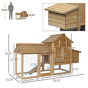 PawHut 59" Small Wooden Chicken coop Hen House Poultry Cage for Outdoor Backyard with 2 Doors, Nesting Box and Removable Tray, Natural Wood
