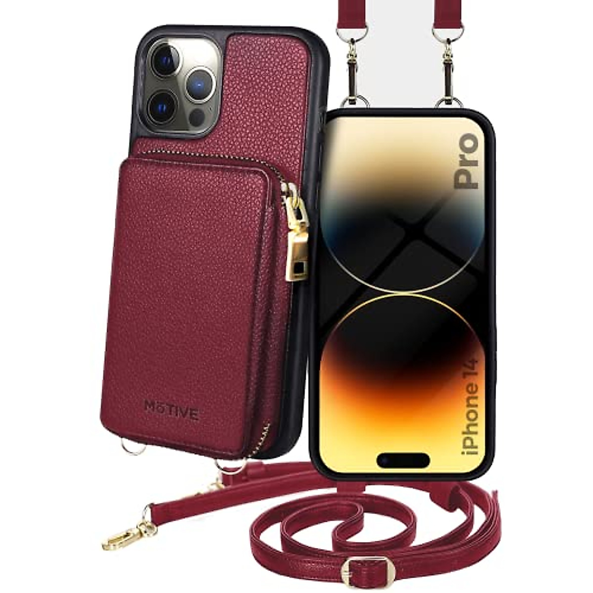 MOTIVE for iPhone 14 Pro Wallet Case, Designed in New York, Crossbody Phone Case for Apple iPhone, Zipper Purse Case Wallet with RFID Blocking Card Holder | 6.1" Color Red Wine - Fancy Series