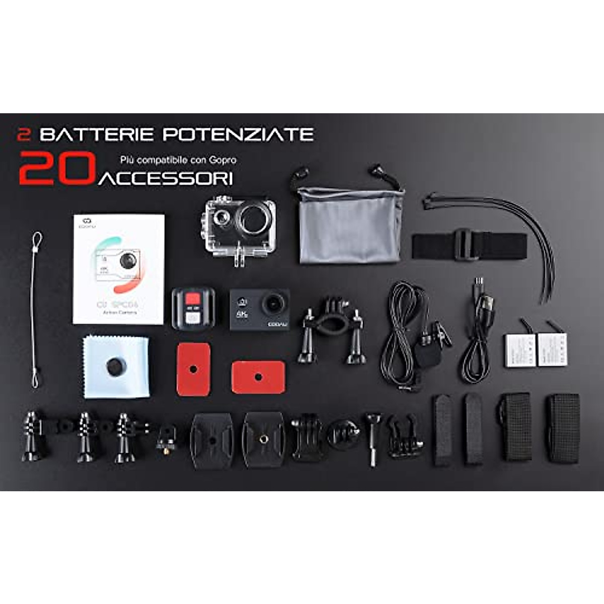 COOAU 4K 20MP WiFi Action Camera External Microphone Remote Control Underwater 40M Waterproof Sport Camera Time Lapse with 2X1200mAh Batteries and 20 Accessories