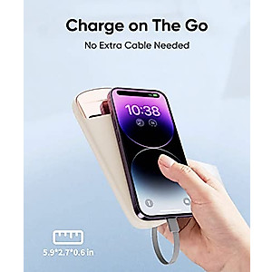 Portable Charger with Built in Cables, 10000mAh USB C iPhone Power Bank, Type C Backup External Battery Pack with 3 Outputs LED Display Compatible with iPhone, Galaxy, Android CellPhones (Pink)