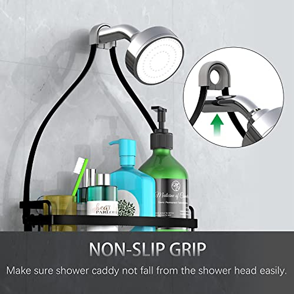 Kadolina Shower Caddy Over Shower Head, Bathroom Hanging Shower Organizer Holder Storage for Shampoo, Shower Storage Rack with Hooks for Razor and Sponge (Black)