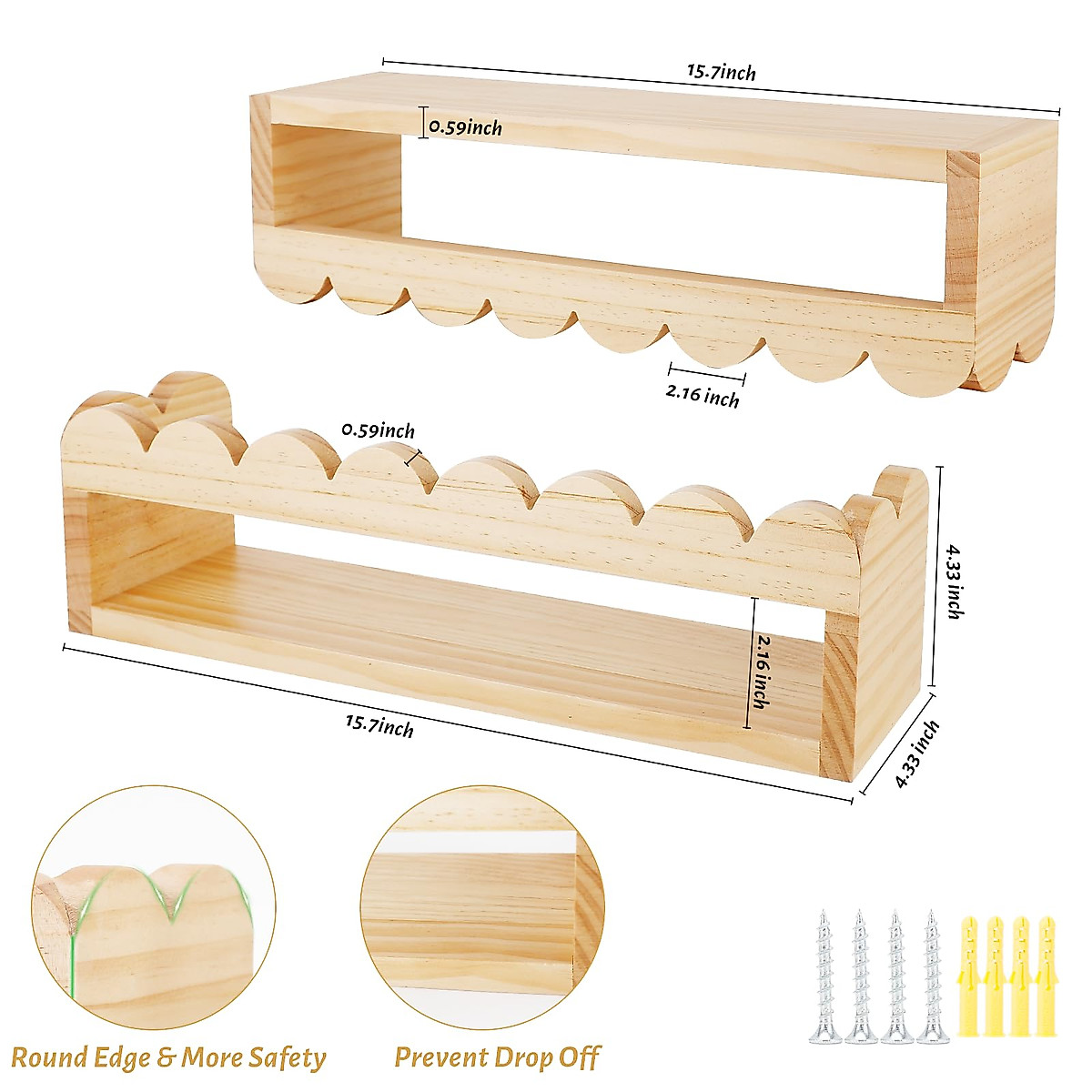 Zouboat Scalloped Floating Nursery Bookshelves for Wall,Set of 2 Natural Wood Wall Bookshelf for Kids Rooms,Preassembled Baby Bookshelf,Hanging Storage Shelves
