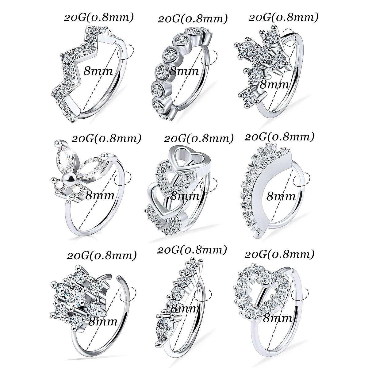 Vsnnsns 20G Nose Rings Hoop Silver Nose Piercing Jewelry Stainless Surgical Steel Daith Rook Cartilage Helix Earrings Hoop Ear Nose Septum Rings Body Piercing Jewelry for Women Men 8mm