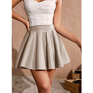 GAMISS High Waisted Mini Skirts Women PU Faux Leather Skirts for Women Pleated Beige, L