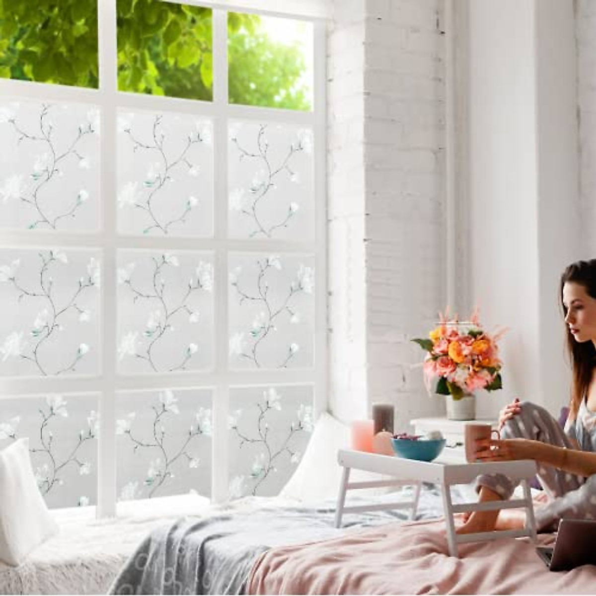 SUNBABY Magnolia Window Privacy Film: Stained Glass Window Film, Frosted Glass Window Film, Decorative Window Film, Window Cling Privacy Film