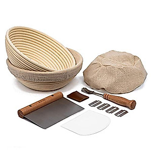 Proofing Set, by Kook, Sourdough Bread, 2 Rattan Banneton Baskets, 2 Basket Covers, Metal Scraper, Plastic Scraper, Scoring Lame, 5 Blades and Case, Round Shape