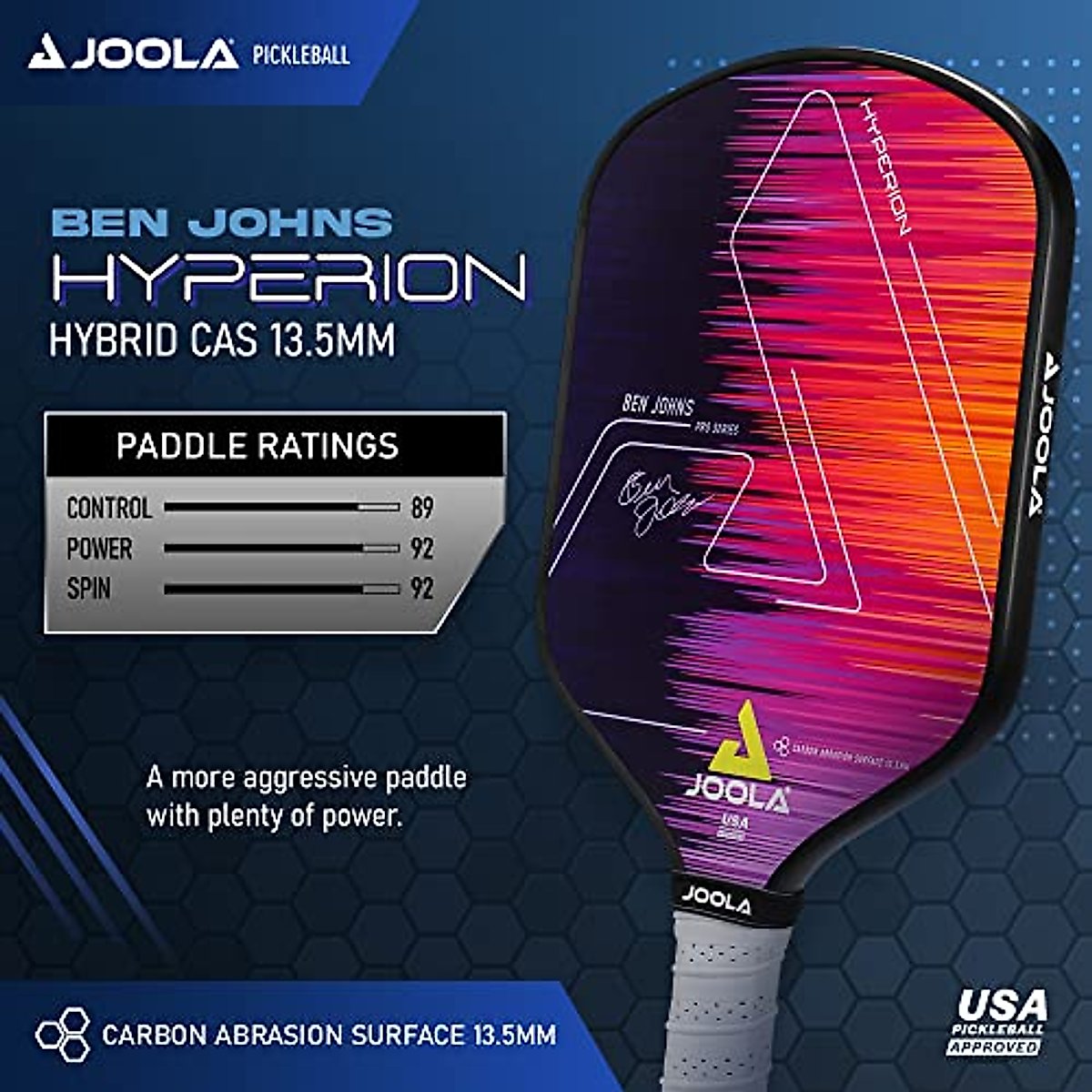 JOOLA Ben Johns Hyperion CAS 13.5 Pickleball Paddle - Carbon Abrasion Surface with High Grit and Spin, Sure-Grip Elongated Handle & 13.5mm Polypropylene Honeycomb Core - Comes With Custom Paddle Cover