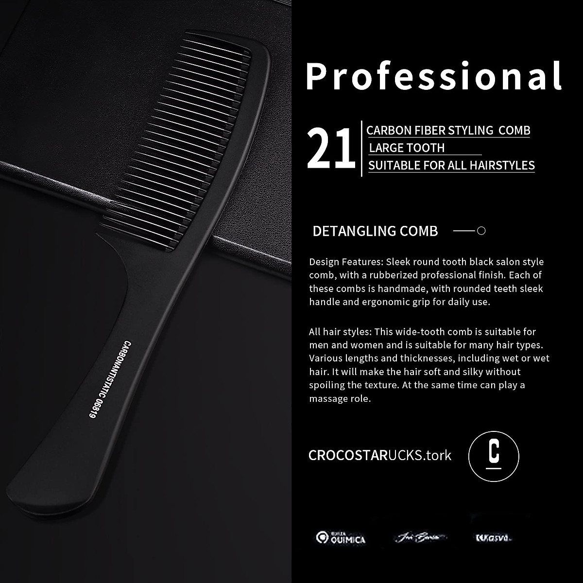Large Detangling Comb With Professional Handle - Carbon Fiber, Cutting, Hairdressing, Styling, Round Tooth, Barber, Travel Hair Comb for Men and Women