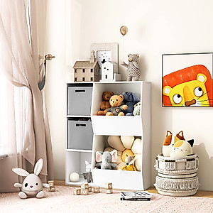 HONEY JOY 5 Cubbies Kids Toy Storage Organizer, Children Bookcase and Bookshelf w/2 Storage Boxes, Wooden Muti-Bins Toy Storage Display Cabinet for Playroom, Nursery, Daycare, Kindergarten