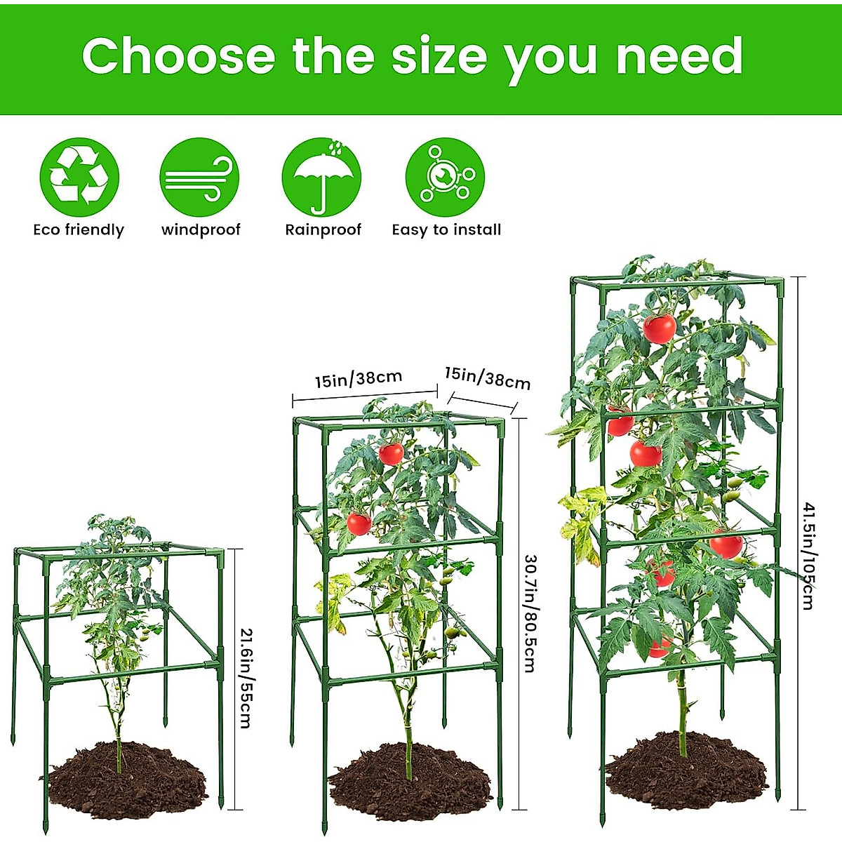 MYMULIKE Tomato Cages for Garden, 3 Pack Square Tomato Cage Heavy Duty, Height-Adjustable Tomato Trellis for Raised Garden Bed, Plants, Flowers Support Stakes- 10 Clips Included