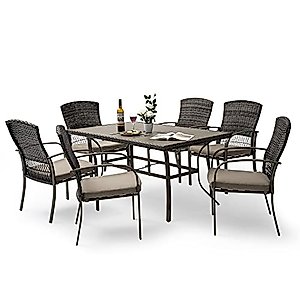 Patio Dining Set for 6, 7 PCS Patio Table & Chair Set, Metal Slatted Table with 2" Umbrella Hole, All-Weather Wicker Patio Dining Furniture with Removable Cushions for Deck, Lawn, Garden(Beige)