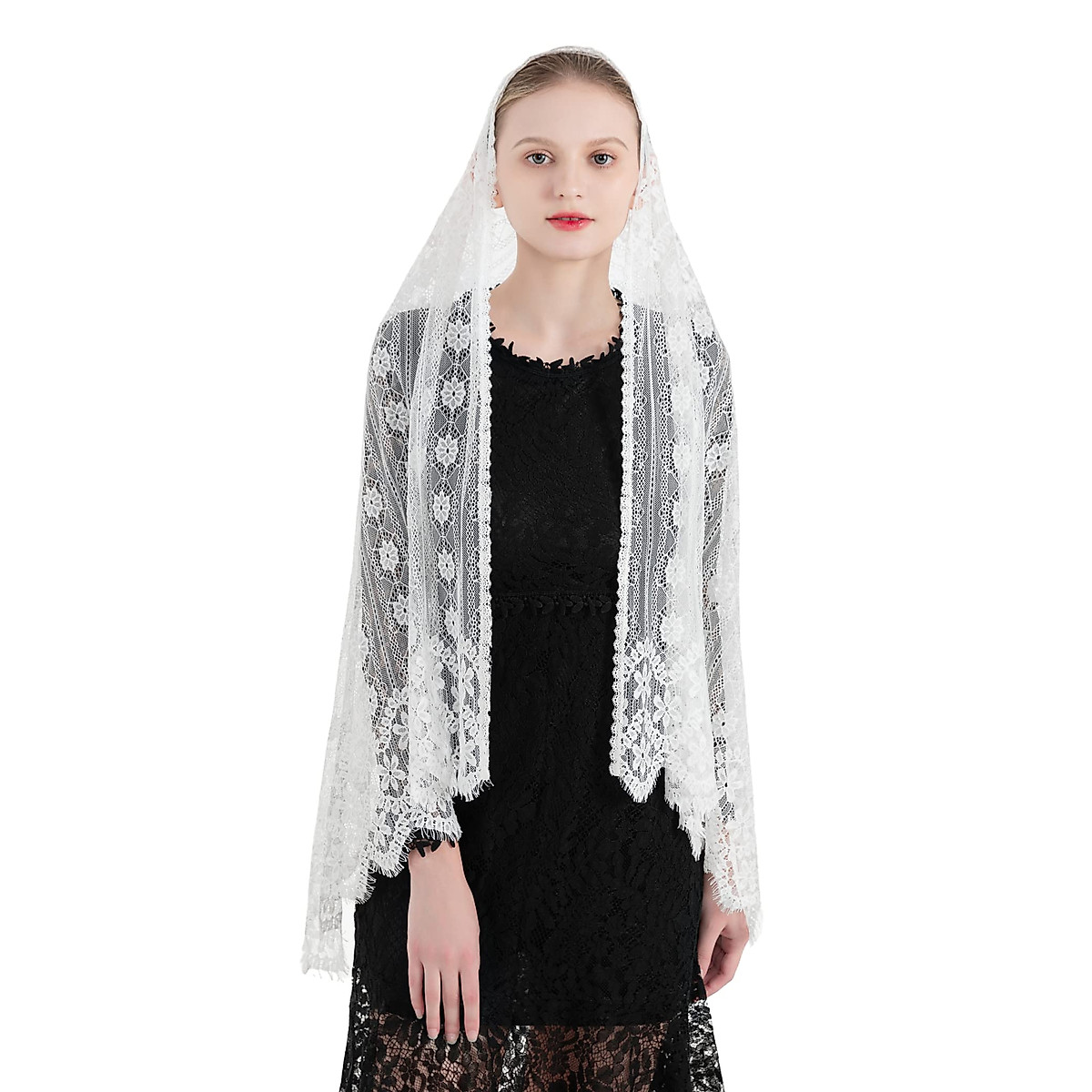 PAMOR Women Chapel Veil Rectangular Mantilla Wrap Shawl Scarf Head Covering Catholic Veils for Church (White)