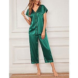 Ekouaer Satin Pajama Set Womens Short Sleeve V Neck Silky Shirt with Capri Pants Button Down PJs Soft Silky Loungewear Dark Green M
