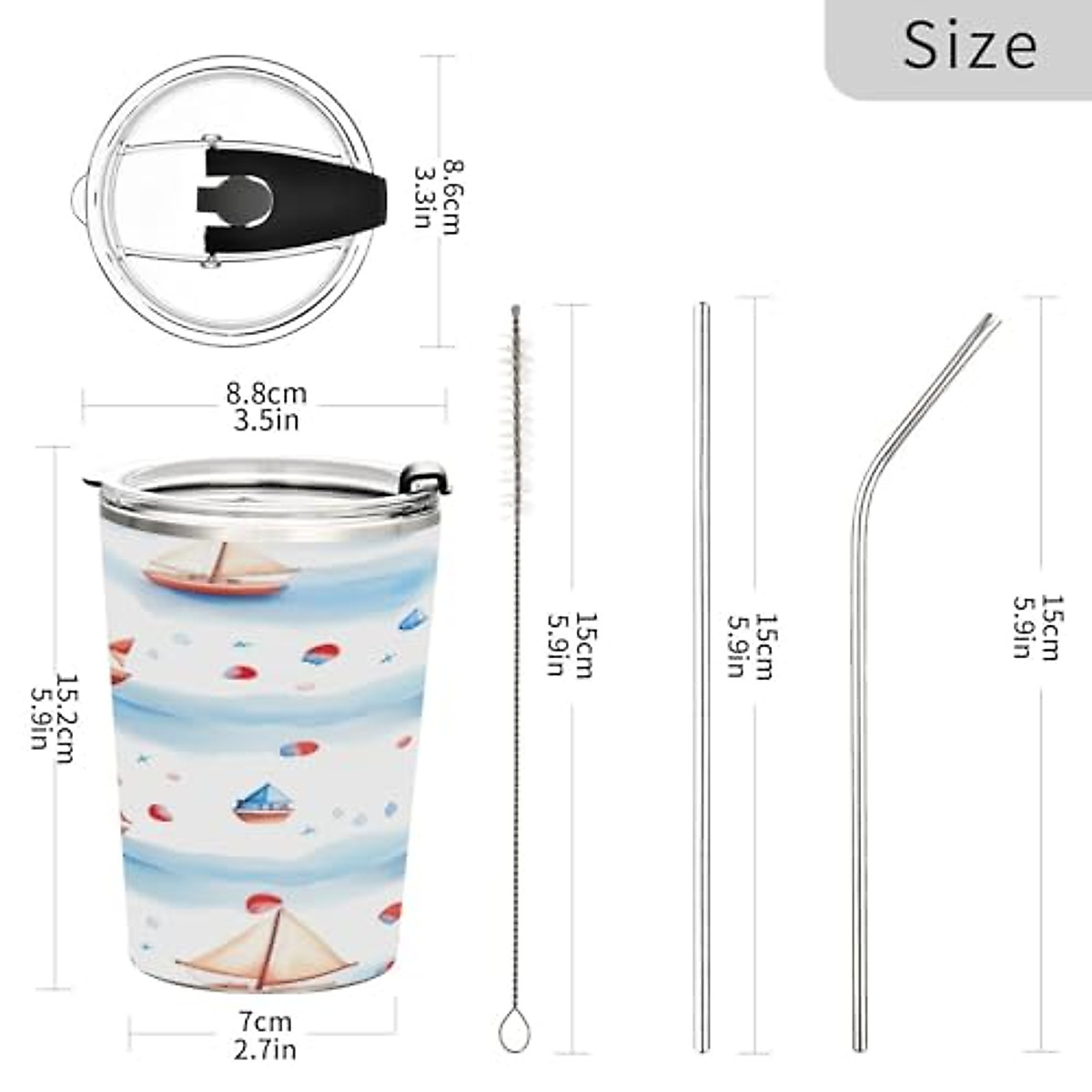 Wassud Boat Pattern 20 oz Tumbler with Lid and Straw Stainless Steel Double Wall Vacuum Tumblers Insulated Travel Coffee Mug for Cold and Hot Drinks