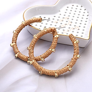 Rattan Earrings for Women Boho Statement Rhinestone Rattan Big Hoop Earrings Handmade Raffia Woven Straw Wicker Earrings Summer Beach Jewelry Gifts(Brown）