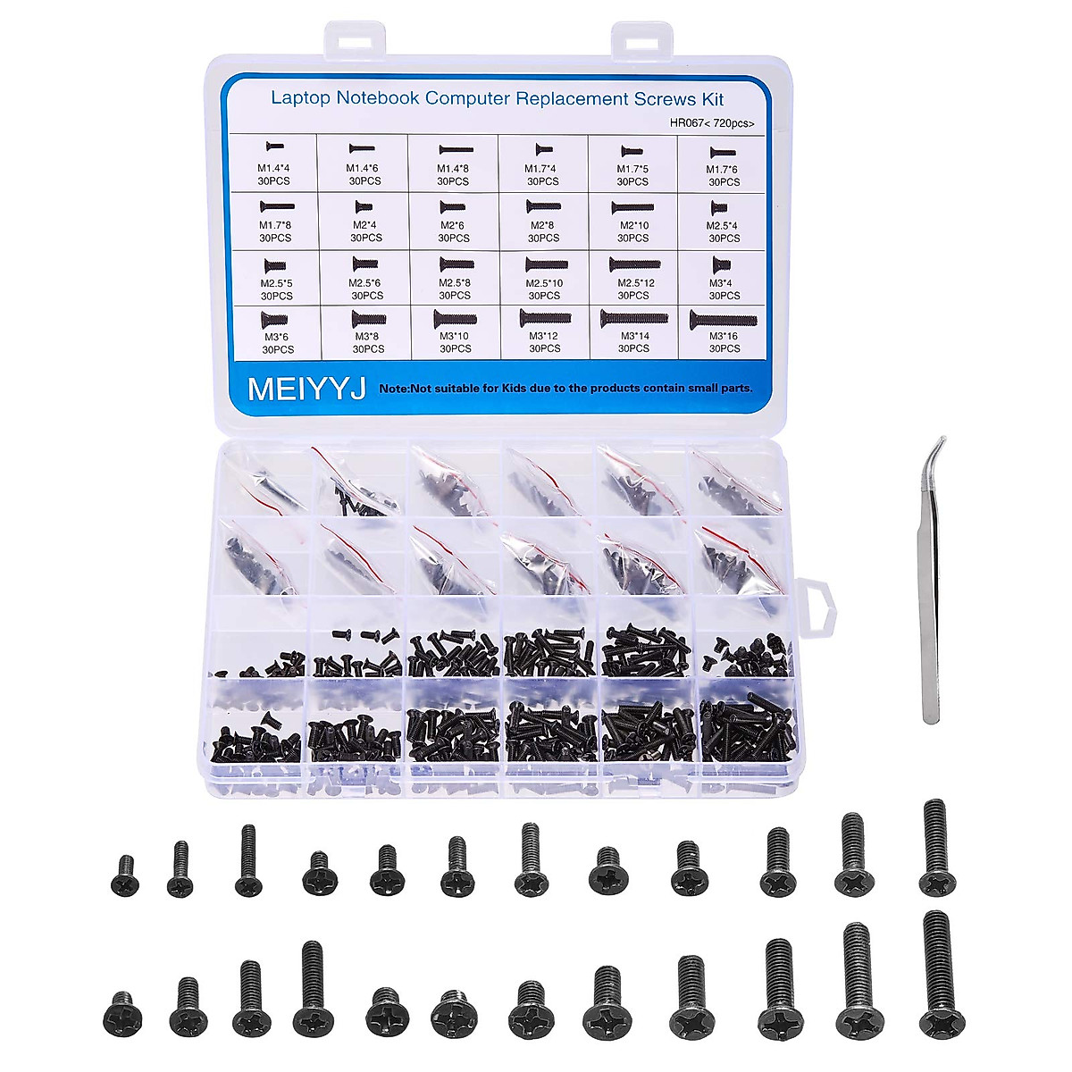MEIYYJ 720pcs Laptop Notebook Screws Set,Replacement Computer Screws Kit,M1.4,M1.7,M2,M2.5,M3 countersunk Flat Head Phillips Mini Screw Set for Electronic Repair.