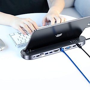 USB Hub Portable USB Hub RCB0724 12 in 1 3 USB-C/Type-C + 2 USB 2.0 + 2 USB 3.0 + RJ45 Gigabit Ethernet Port + VGA + HDMI Multi-Function HUB Laptop Stand Base with SD/TF Card Slot & 3.5mm Jack