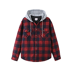 PEGENO Men's Long Sleeve Plaid Button Quilted Lined Flannel Shirt Jacket with Hood（Red Grid-US X-Large）
