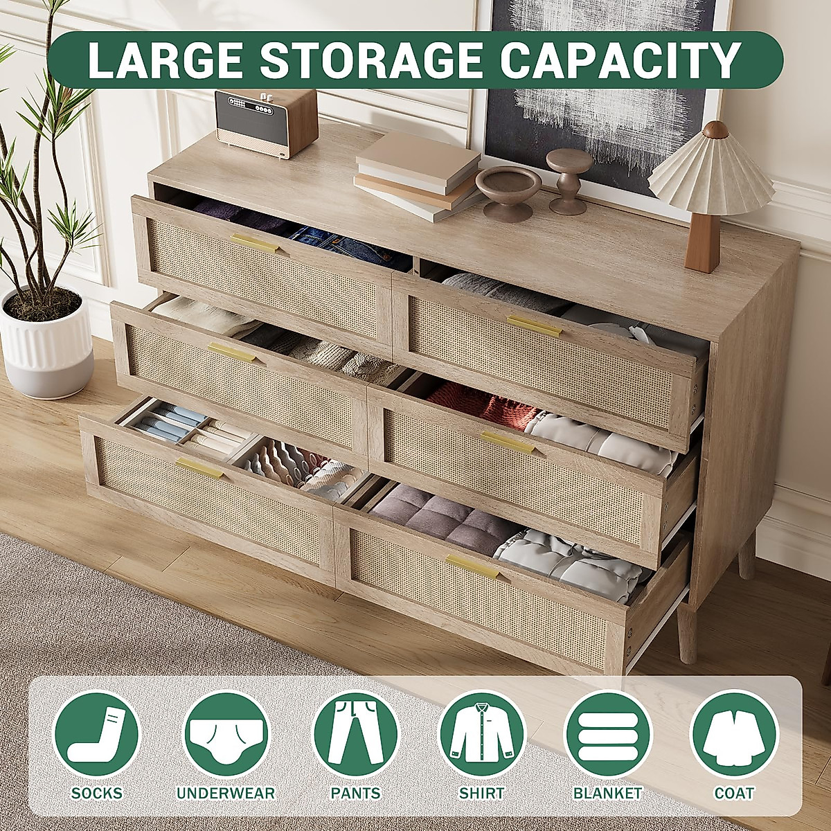 GarveeHome 6 Drawer Rattan Dresser, 47.2" x 15.7" x 29.5" Rattan Chest of Dressers, Mid Century Modern Dresser for Closet with Handles, Large Table Top, Dresser Bedroom, Living Room, Hallway, Entryway