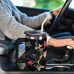 40oz Insulated Tumbler with Handle & Straw Stainless Steel Vacuum Sealed Water Bottle Leakproof Travel Mug for Car, Outdoor & Home BPA-Free Double Wall Cold Hot Beverage Thermos Flower