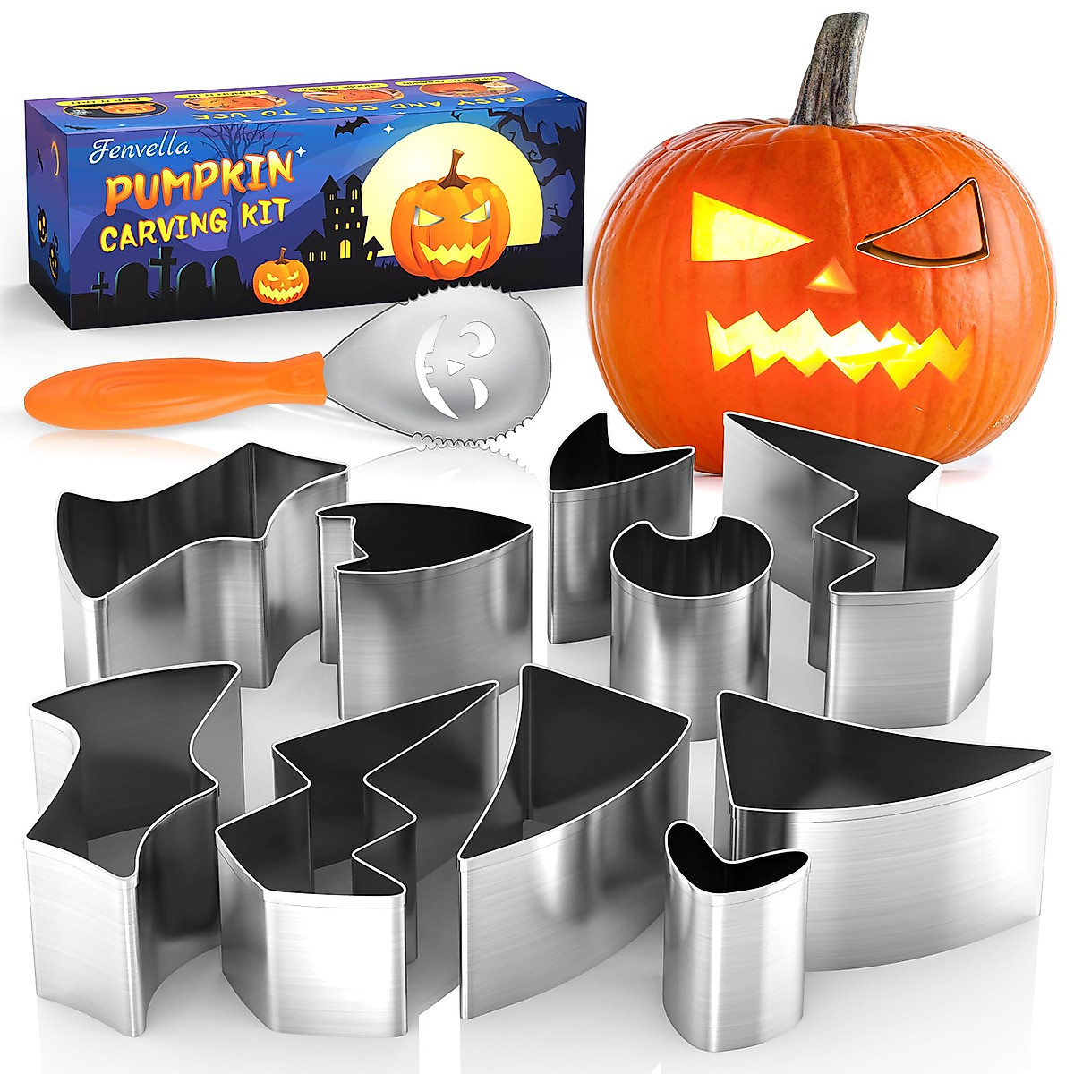 Fenvella Pumpkin Carving Kit for Kids, Safe Pumpkin Carving Tools Heavy Duty Stainless Steel Pumpkin Carver Set, DIY Halloween Pumpkin Carving Stencils, Professional Carving Kit Adults