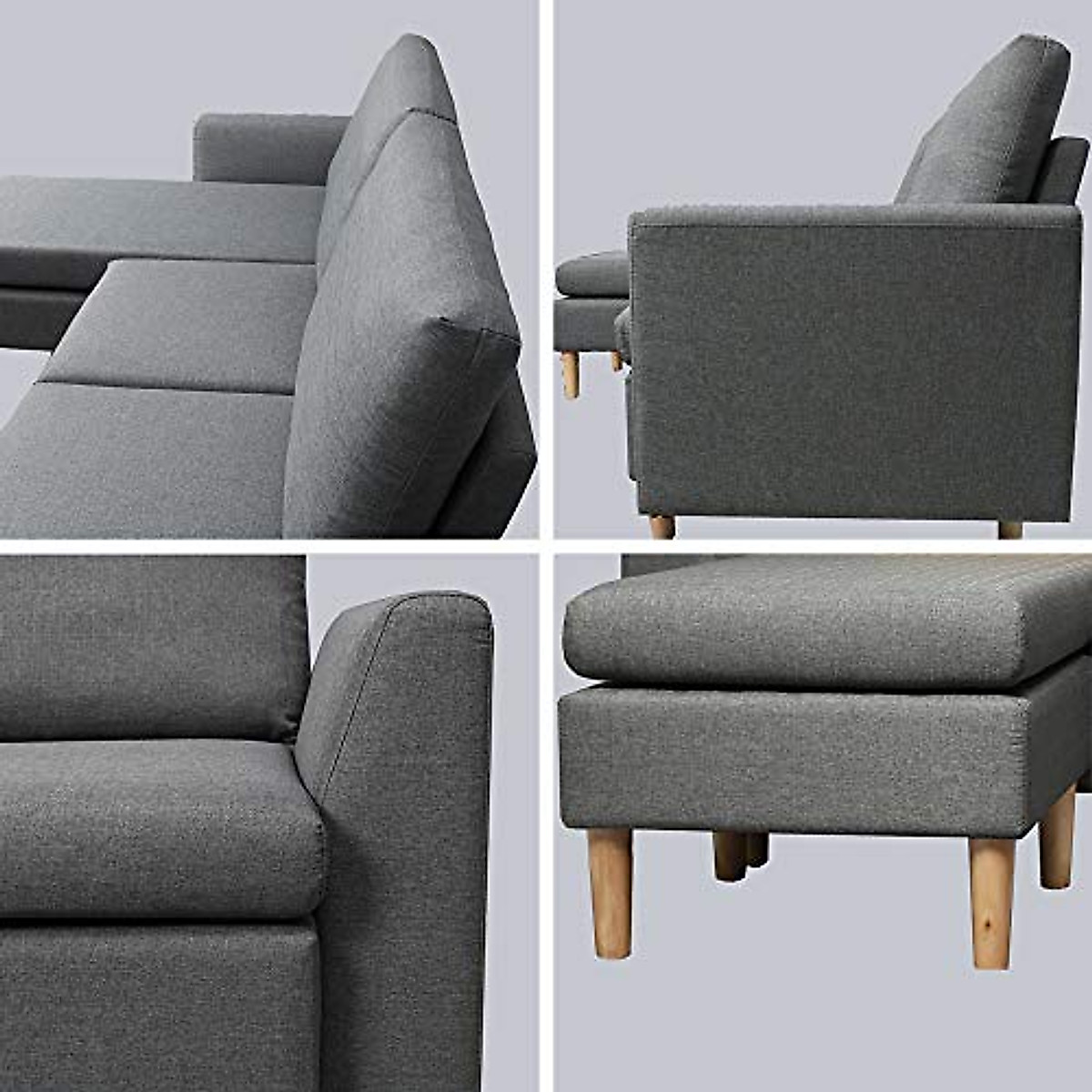 Best-Living Furniture Modern Linen Fabric L-Shaped Small Space Sectional Sofa with Stool, Reversible Chaise, in Grey