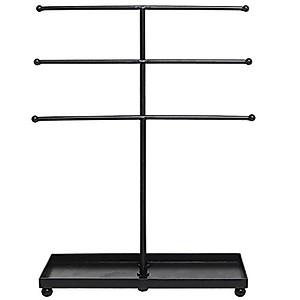 MyGift Modern Jewelry Organizer, 3 Tier Black Metal Tabletop Bracelet and Necklace Jewelry Storage Display Tree Rack with Base Ring Tray