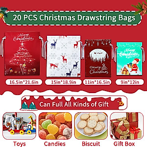 Christmas Gift Bags Assorted Sizes - 20PCS Drawstring Christmas Bags for Presents, Christmas Wrapping Bags Bulk, Plastic Xmas Favor Bags, 4 Designs (5 of Each) Extra Large/Big/Medium/Small Sizes