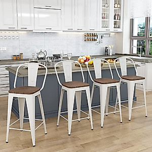 Yongqiang 24" Metal Bar Stools Set of 4 Kitchen Counter Height Bar Chairs High Back Farmhouse Barstools with Large Wooden Seat Cream White