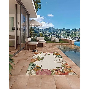 Fall Pumpkin Outdoor Rug for Patio/Deck/Porch, Non-Slip Area Rug 5 x 8 Ft, Thanksgiving Autumn Maple Leaf Colorful Pumpkin Indoor Outdoor Rugs Washable Area Rugs, Reversible Camping Rug Carpet Runner
