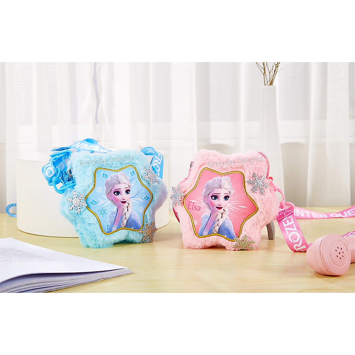 Frozen Elsa Plush Crossbody Shoulder Handbag in Snowflake Shape for Girls Kids Children – Pink