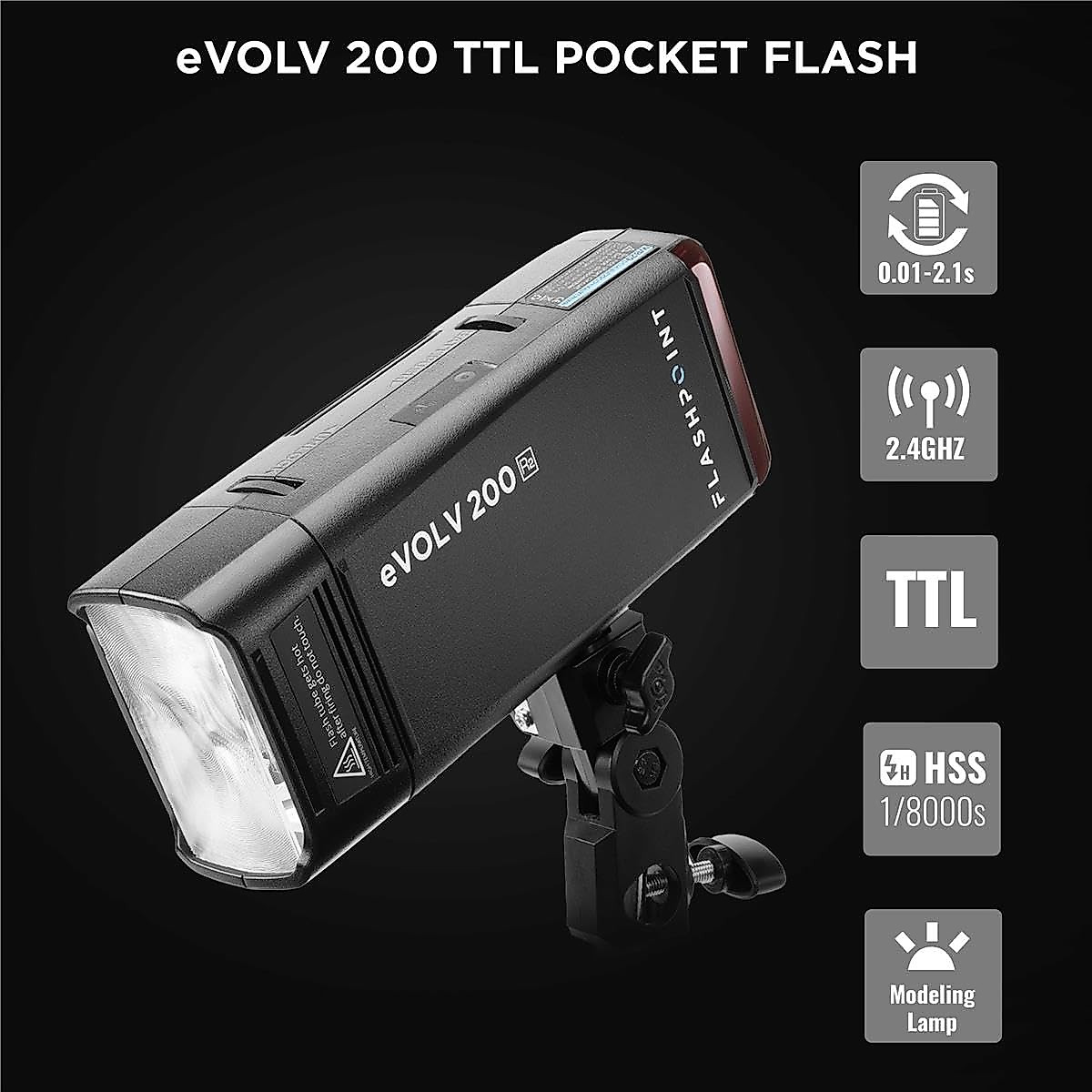 Flashpoint eVOLV 200 R2 TTL Pocket Flash Kit - 200Ws, 1/8000 HSS, 500 Full Power Flashes, 0.01-1.8s Recycling w/2900mAh Battery, Bare Bulb/Speedlite Flash Head Monolight for Strobe Light Photography
