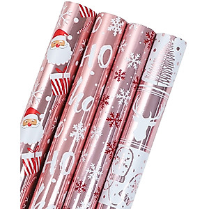 WRAPAHOLIC Christmas Wrapping Paper Roll - Rose Gold Santa, Snowflakes and Reindeer Holiday Collection with Metallic Foil Shine - 4 Rolls - 30 Inch X 120 Inch Per Roll