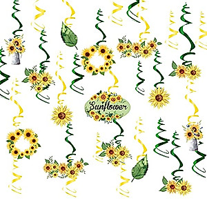 UOMNICUE 30 PCS Yellow Sunflower Hanging Foil Swirls Ceiling Streamers Wall Decor Party Supplies for Kids Birthday Baby Shower Spring Summer Flower Themed Party Decoration