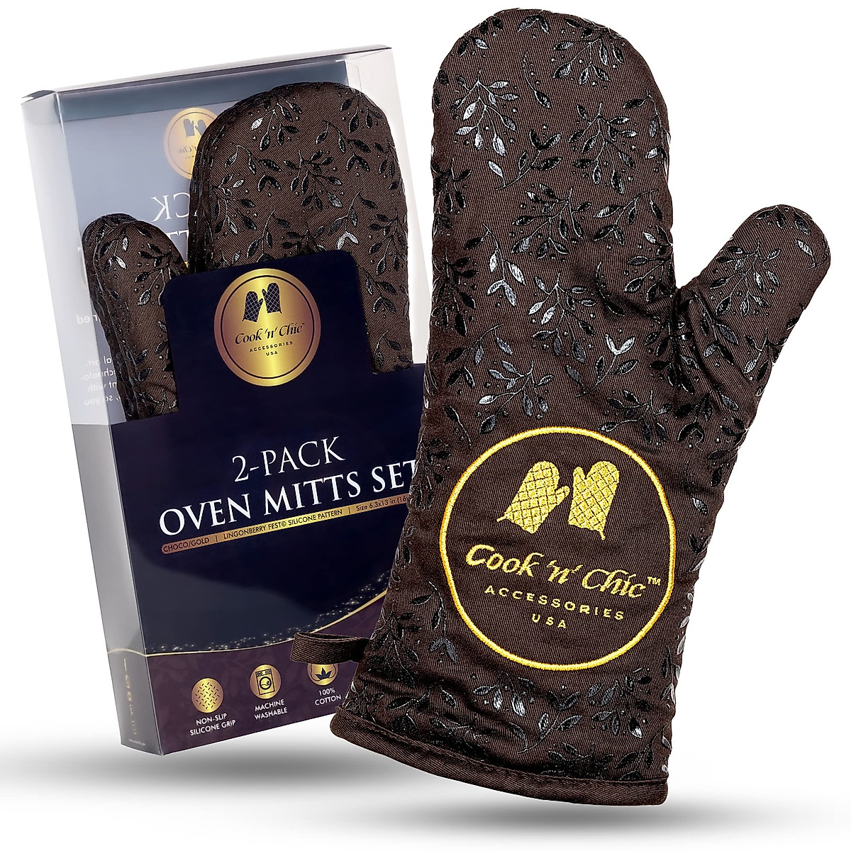 Premium Oven Mitts and Pot Holders - 500°F Heat Resistant - Non Slip Textured Grip - Flexible Soft Terry Cloth Cotton Lining