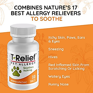 T-Relief Pet Allergy Support for Dogs & Cats Itchy Relief Supports Healthy Skin & Coat Natural Medicine Helps Soothe Hot Spot Itching Paws Licking Runny Nose Sneezing Watery Eyes - 90 Tablets