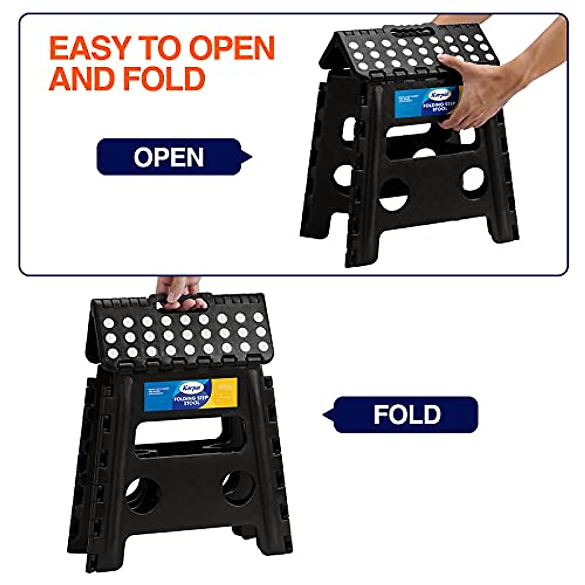 Korpai 13" Folding Step Stool for Adults and Kids Holds Up to 300 lbs,Non-Slip Folding Stools with Portable Handle, Compact Plastic Foldable Step Stool for Bathroom,Bedroom, Kitchen,Black,1PC