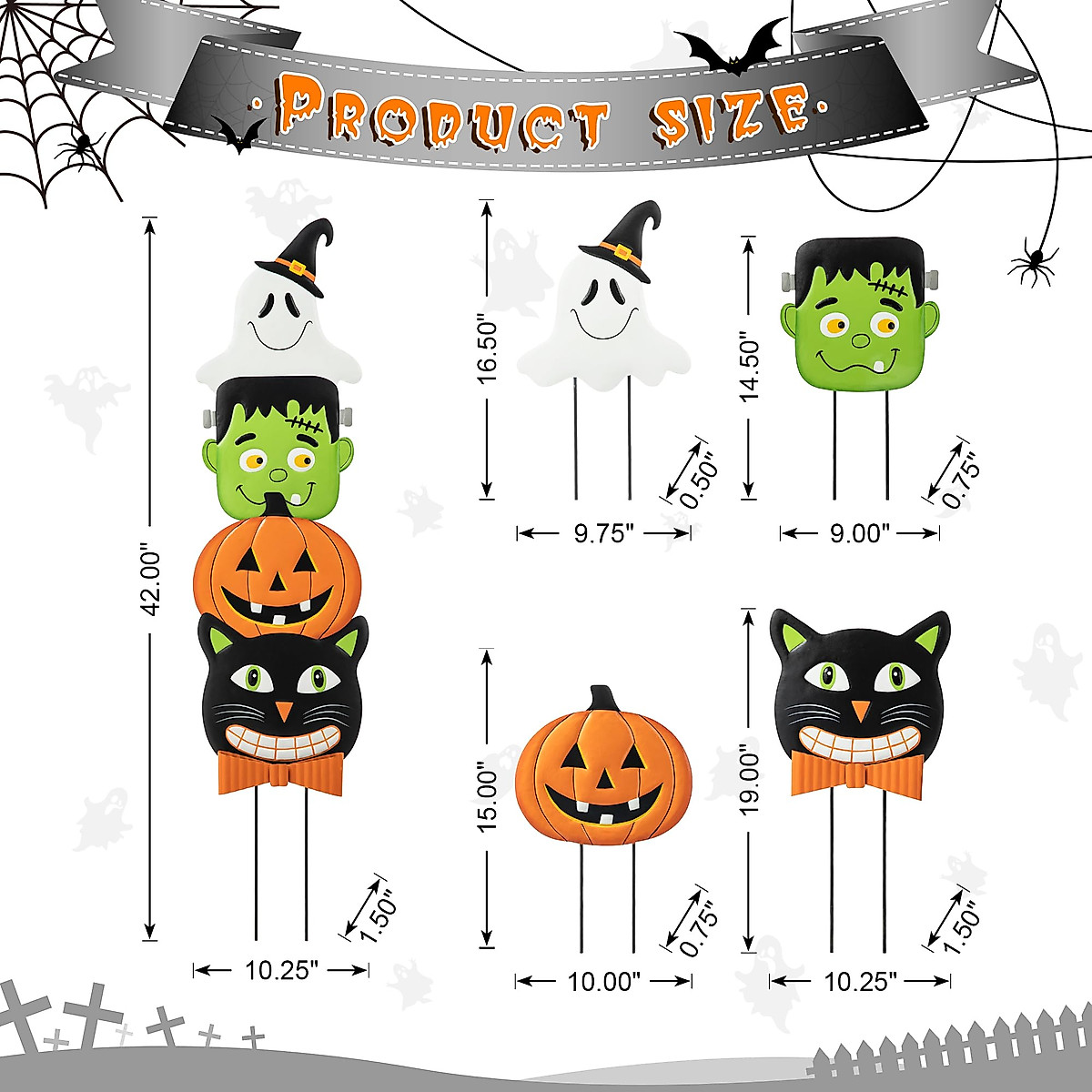 Glitzhome 42''H 4pcs Metal Halloween Outdoor Yard Stakes,Halloween Ghost/Pumpkin/Black Cat/Frankenstein Stakes or Hanging Decor,Halloween Porch Standing Sign for Lawn Garden Home Party (2030200005)